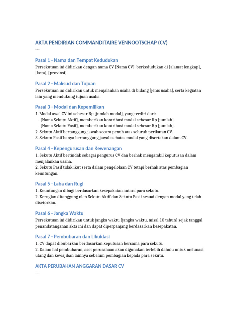 Akta Pendirian CV Lengkap | PDF