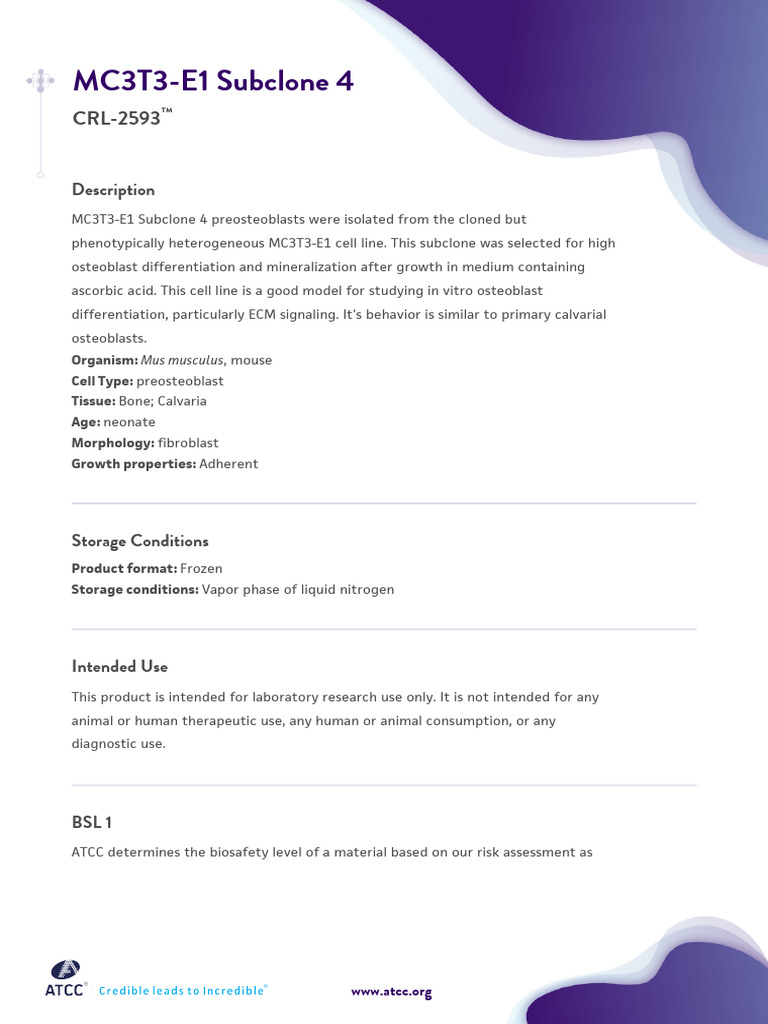 CRL-2593 Product Sheet - MC3T3-E1 Subclone 4 | PDF | Osteoblast | Cell ...