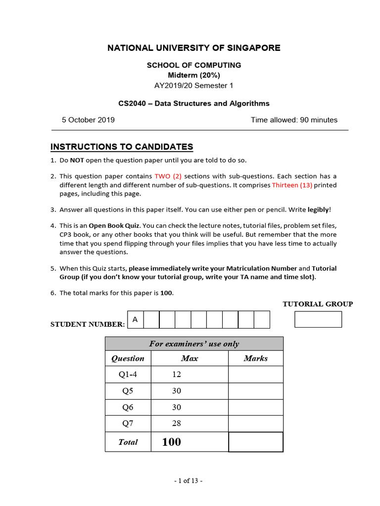 CS2040 1920SEM1 Midterm | PDF | Time Complexity | Queue (Abstract Data ...