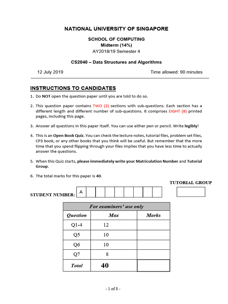 CS2040_1819SEM4_Midterm_sample_ans | PDF | Permutation | String (Computer Science)