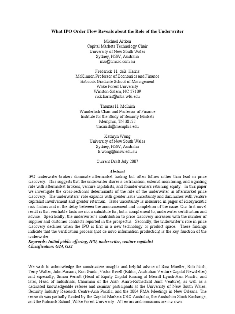What IPO Order Flow Reveals About The Role of The Underwriter | PDF | Initial Public Offering ...