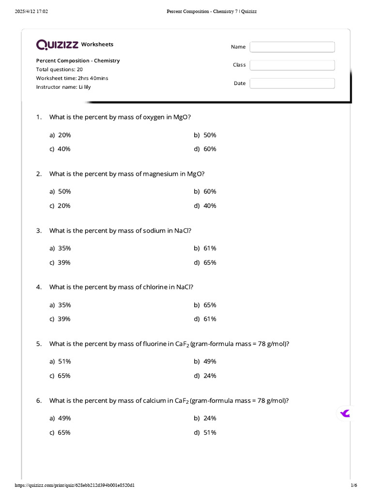 Percent Composition Chemistry Worksheet | PDF | Mole (Unit) | Physical ...