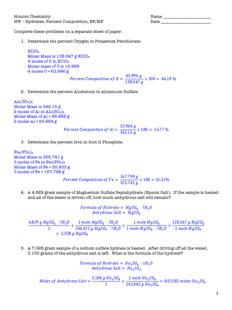 Hydrates and Percent Composition Worksheet | PDF | Mole (Unit) | Gases