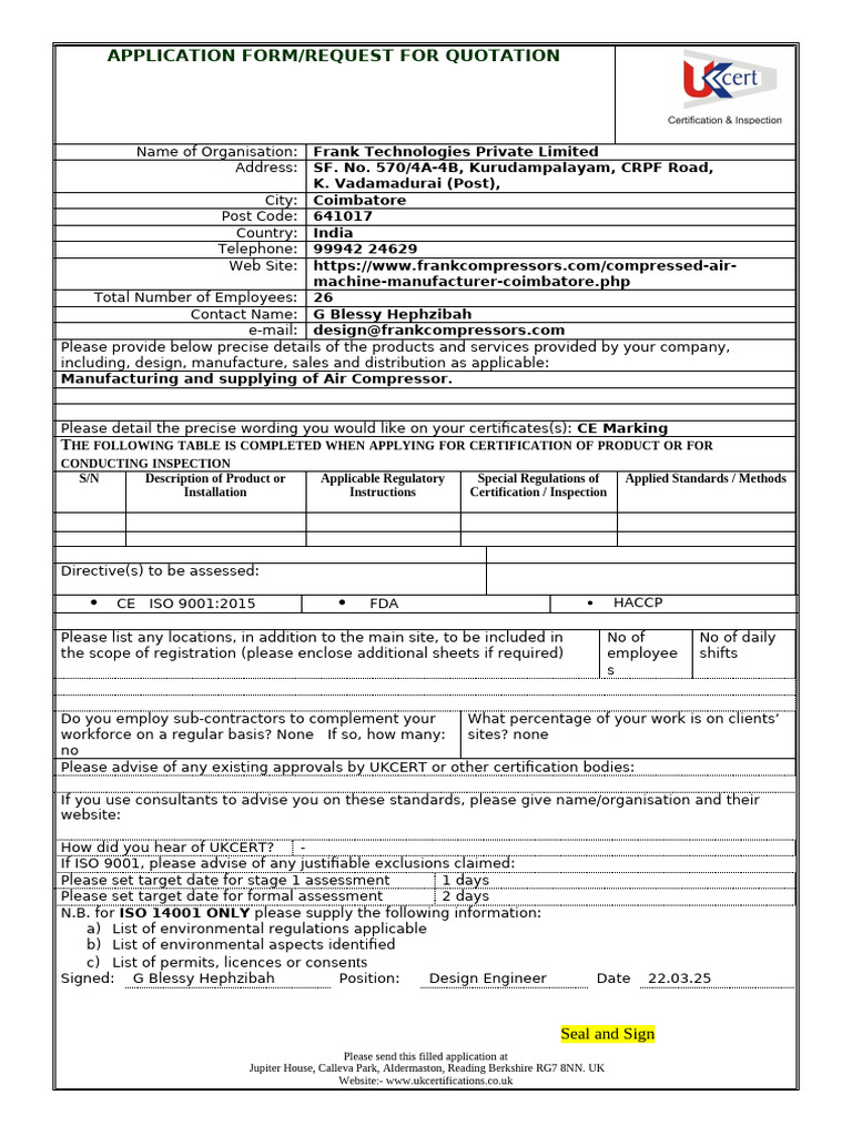 Air Compressor Certification Application | PDF