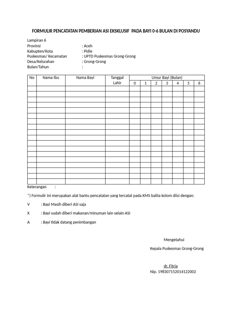 FORMULIR PENCATATAN PEMBERIAN ASI EKSKLUSIF PADA BAYI 0 | PDF