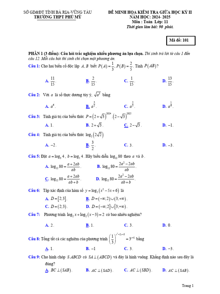 Đề Minh Họa Toán Gk2 11 Nh 24-25- Ct | PDF