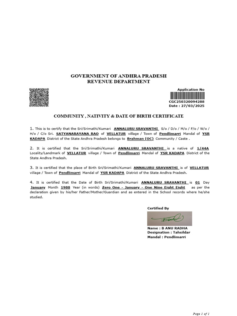 Caste Certificate - CGC250320094288 | PDF