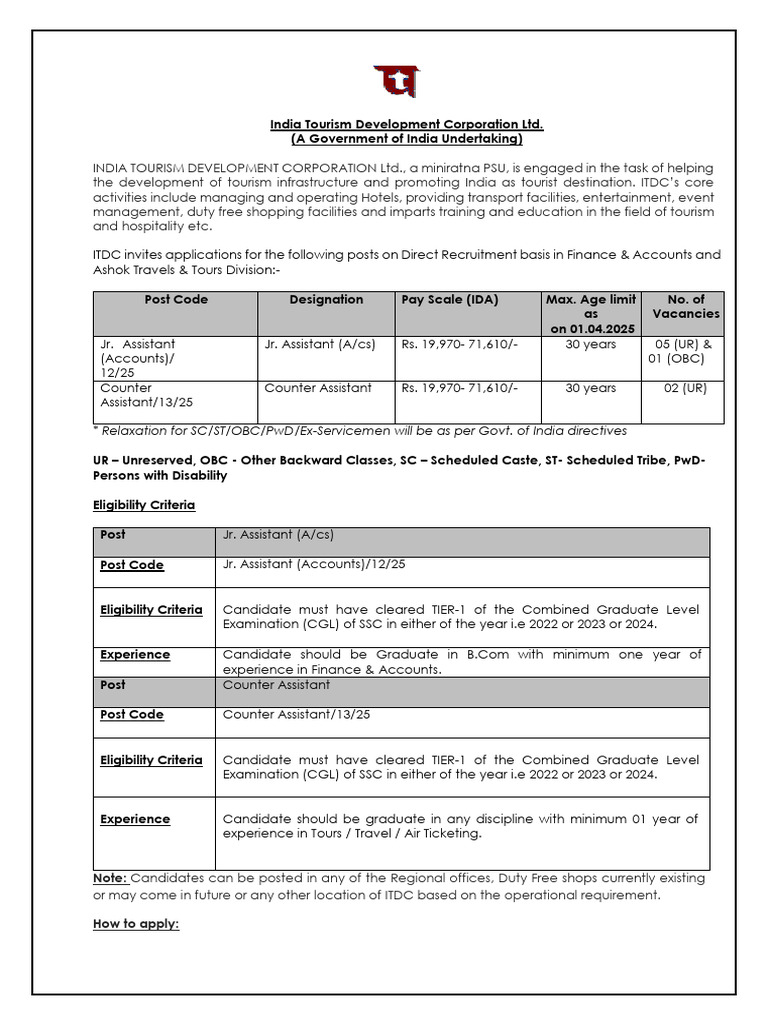 ITDCL Junior Assistant Counter Assistant Recruitment 2025 Notification ...