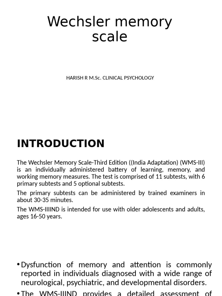 Wechsler memory scale | PDF | Wechsler Adult Intelligence Scale | Memory