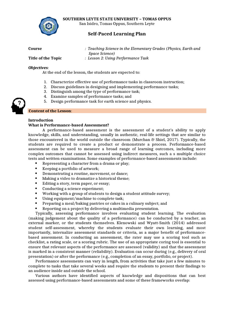 SPLP Module 6 Lesson 2 - Using Performance Task 1 | PDF | Educational Assessment | Rubric (Academic)