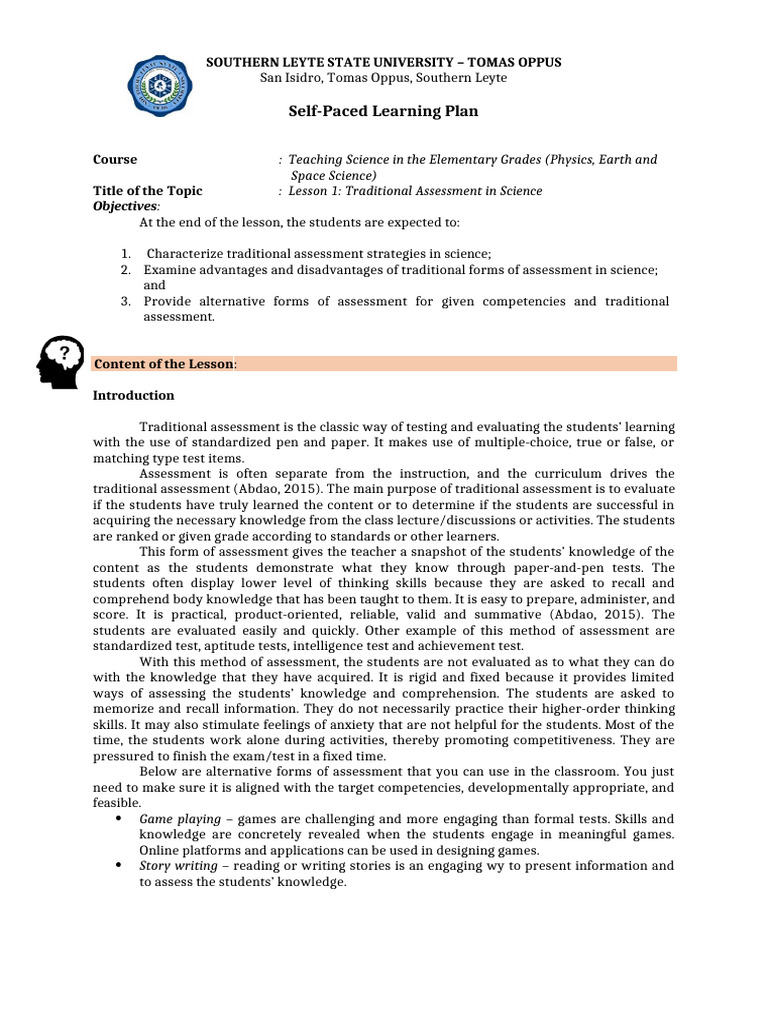 SPLP Module 6 Lesson 1 - Traditional Assessment in Science 1 | PDF ...