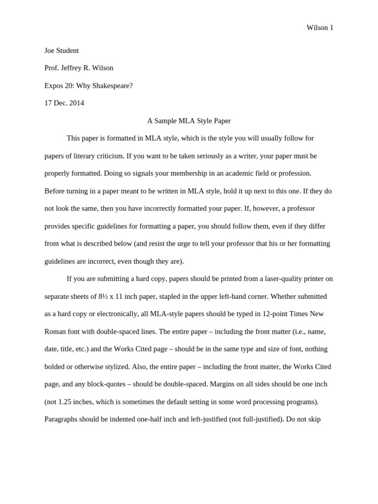 Jeffrey R. Wilson A Sample Mla Style Paper 0 | PDF | Citation | Publishing