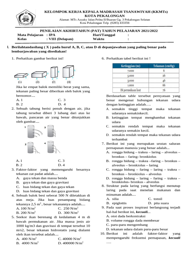 Soal Pat Ipa Kelas 8 Tahun 2022 | PDF
