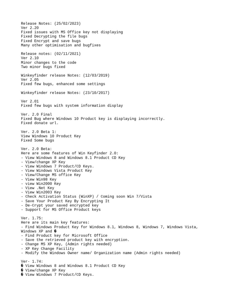 Win Keyfinder release notes | PDF | Windows Xp | Windows Vista