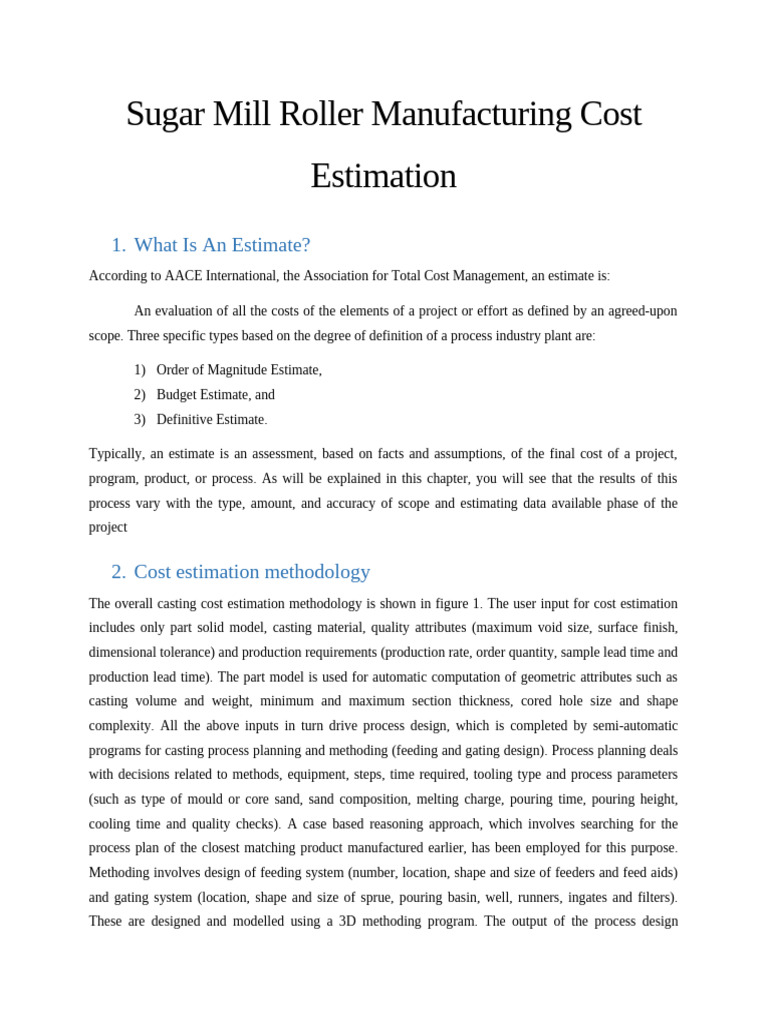 Sugar Mill Roller Manufacturing Cost Estimation | PDF | Casting | Metals