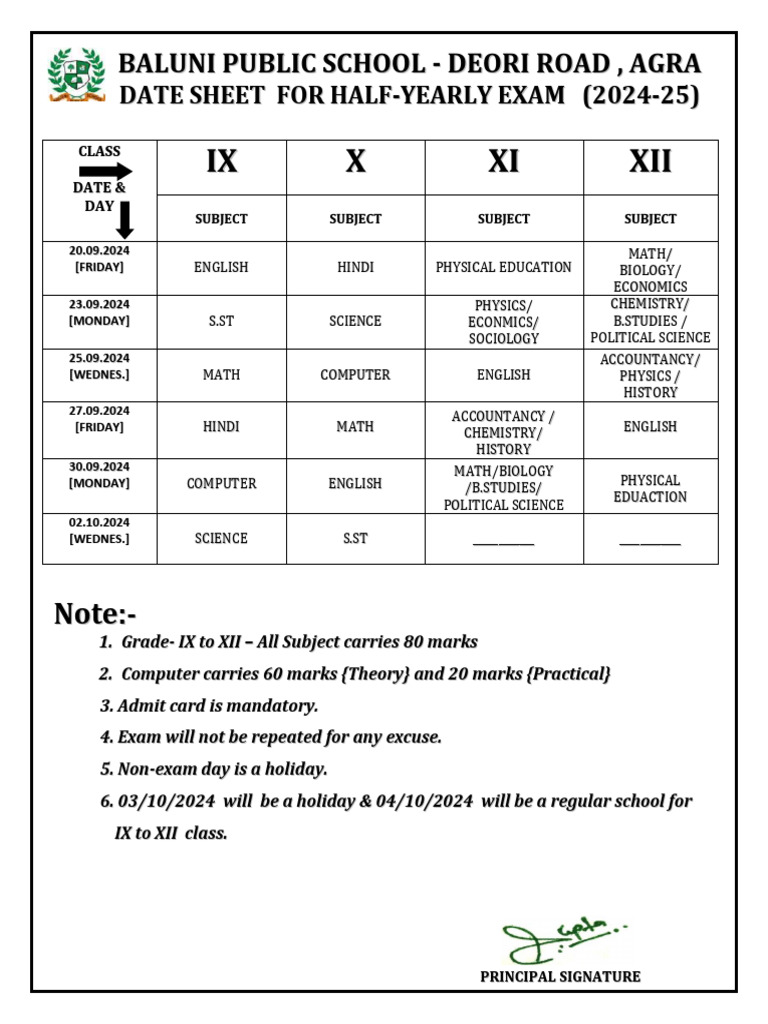Class-10 Half-Yearly Syllabus & Date Sheet (2024-2025) | PDF ...