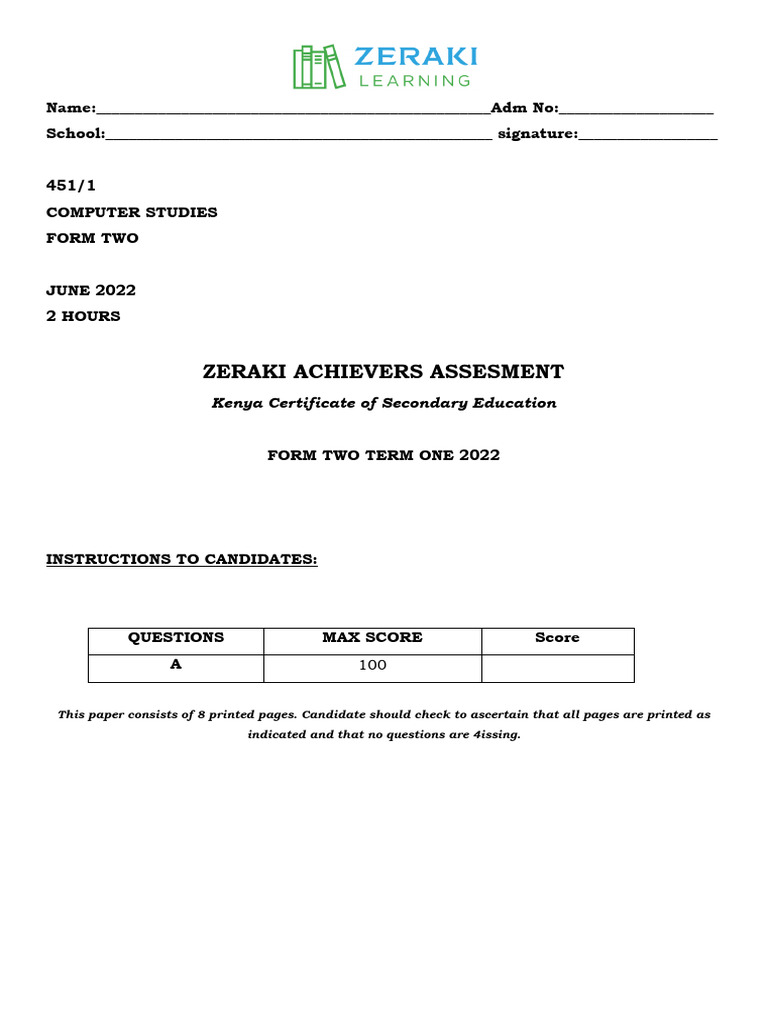 Computer Studies Form 2 - Question Paper | PDF | Operating System ...
