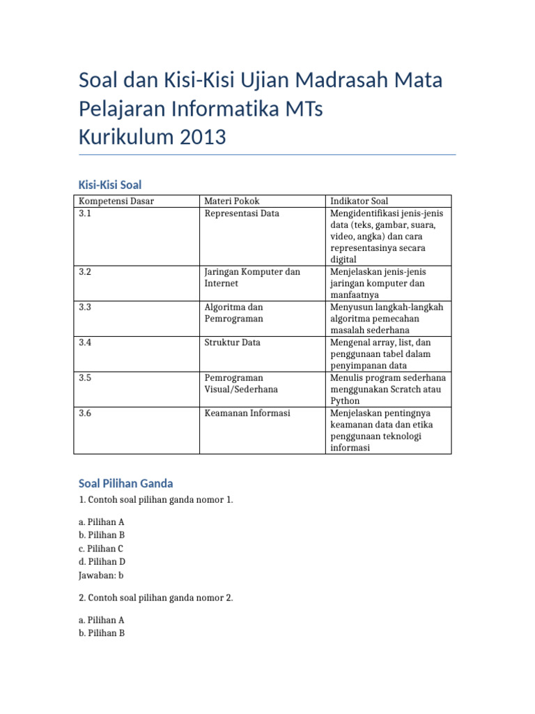 Soal Ujian MTs Informatika K13 | PDF