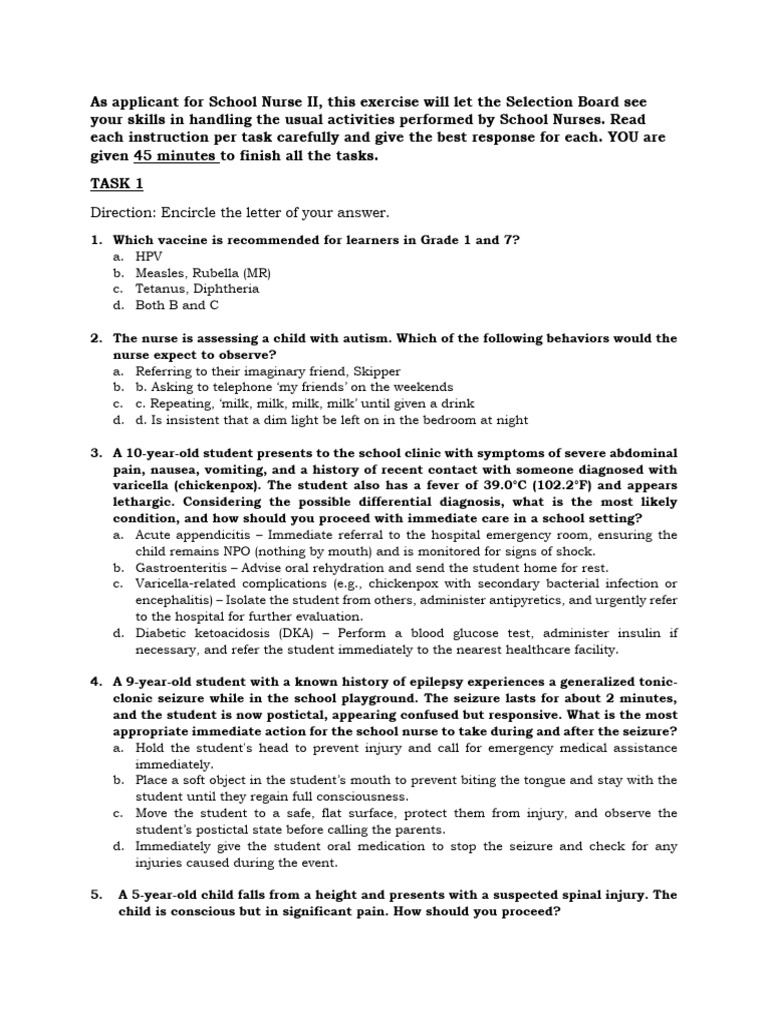 Written Test For School Nurse | PDF | Diseases And Disorders | Medical ...
