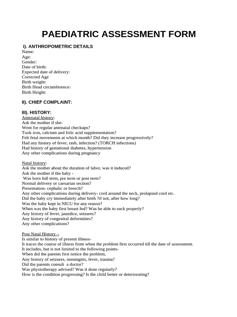 Paediatric Assessment Form | PDF | Childbirth | Prenatal Development