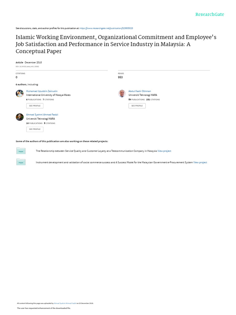 Islamic Working Environment, Organizational Commitment and Employee's | PDF | Job Satisfaction ...
