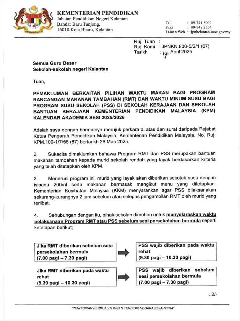 Bil 67. Surat Pemakluman Pilihan Waktu RMT Dan PSS | PDF