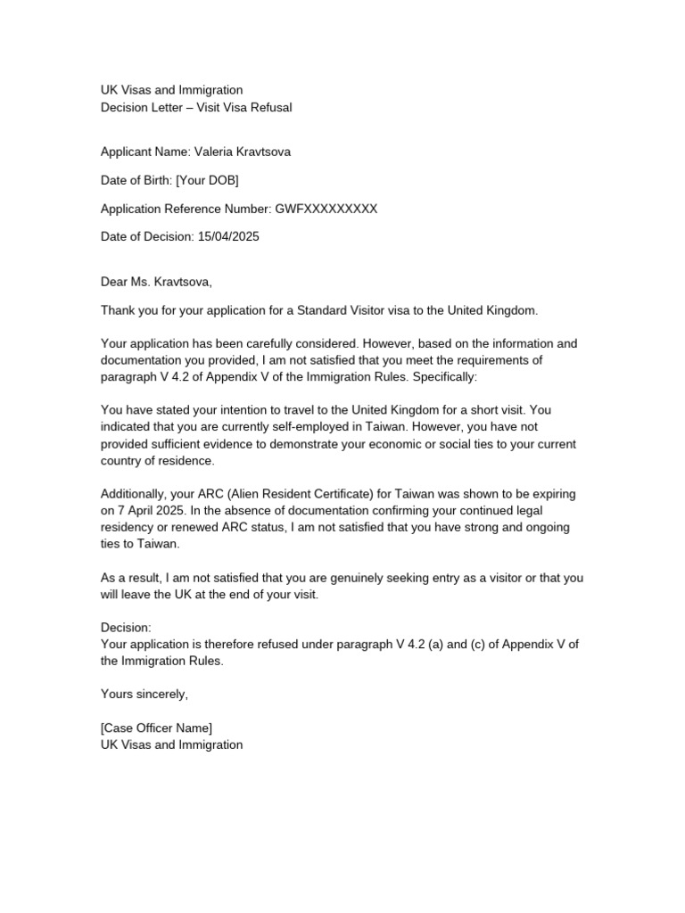 UK Visit Visa Refusal Letter | PDF