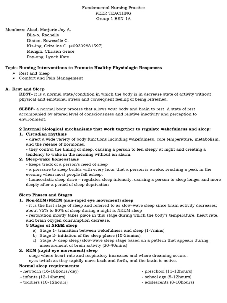 A1. Nursing Interventions To Promote Healthy Physiologic Responses | PDF | Sleep | Pain
