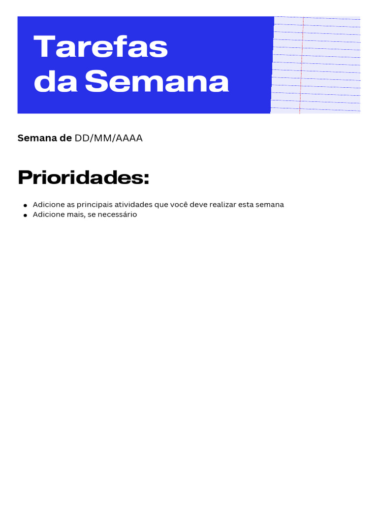 Doc de Lista de Tarefas da Semana Estilo Profissional Vibrante Azul Vivo Azul-claro (2) | PDF