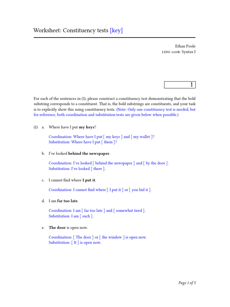 Constituency Tests Worksheet | PDF | Mouse | Syntax