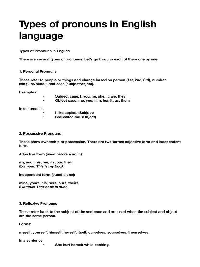 Types of Pronouns in English Language | PDF | Pronoun | Grammatical Number