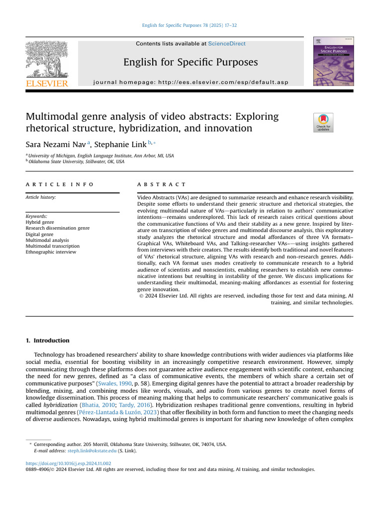 Multimodal Genre Analysis of Video Abstracts - Exploring Rhetorical ...