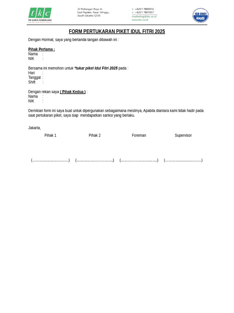 FORM TUKAR PIKET LEBARAN 2025 | PDF
