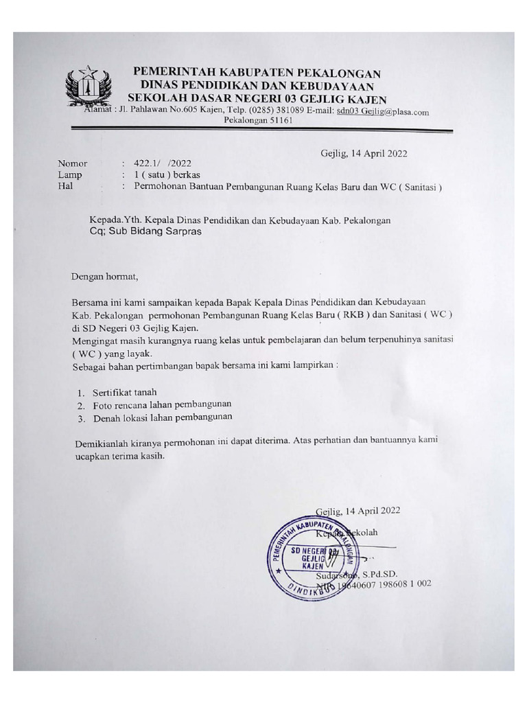 USULAN PEMBANGUNAN RKB DAN WC SDN 03 GEJLIG | PDF
