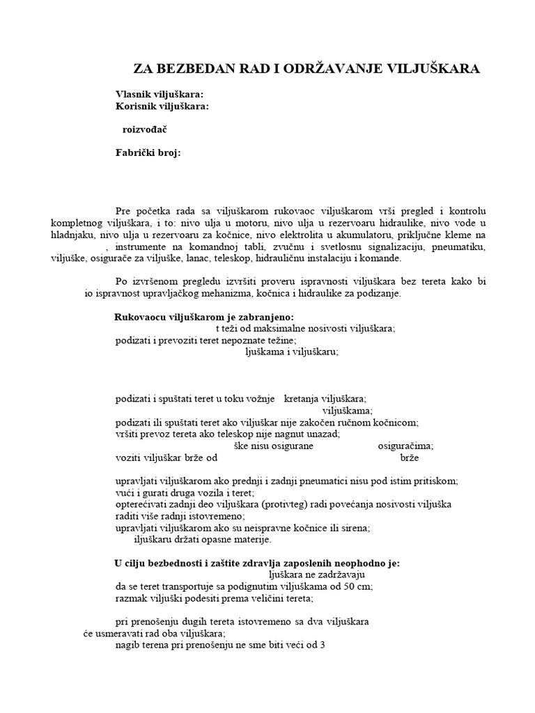 61 - Uputstvo Za Bezbedan Rad I Odrzavanje Viljuskara - Preview - 7QzFWh | PDF