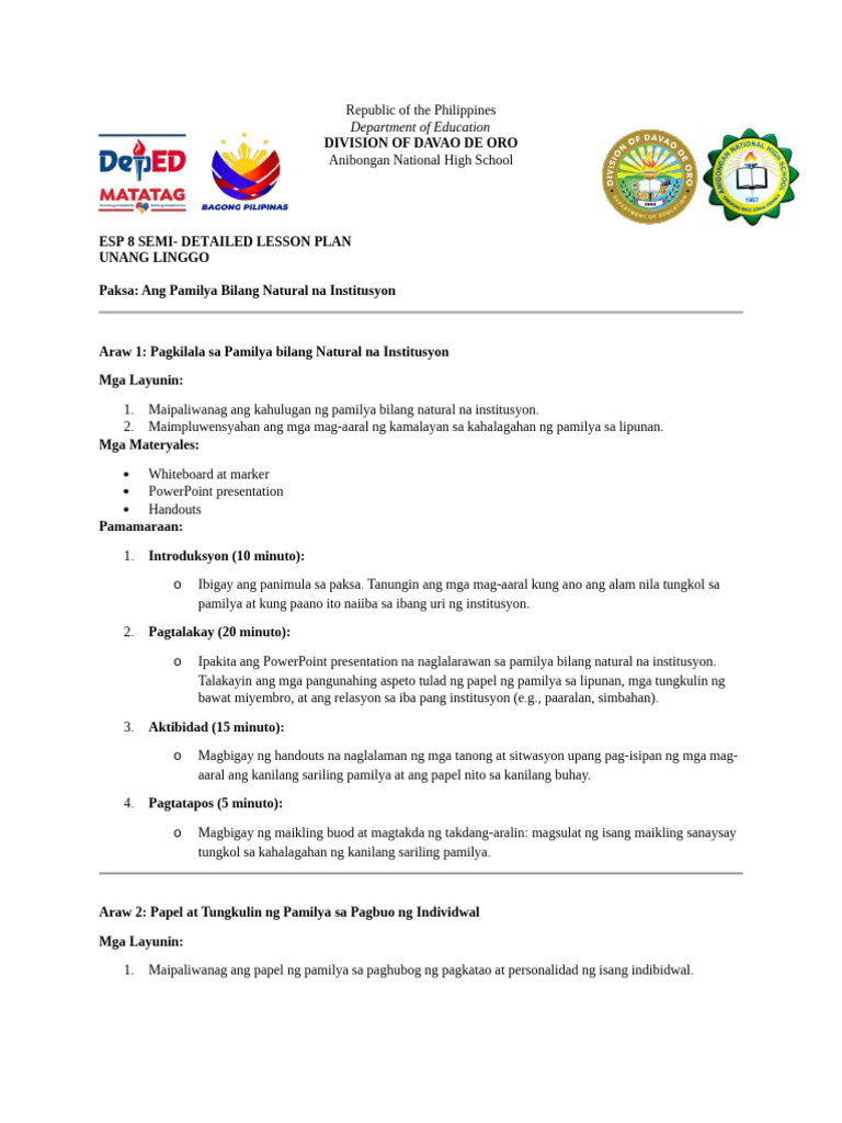 Lesson Plan ESP WK 1 | PDF