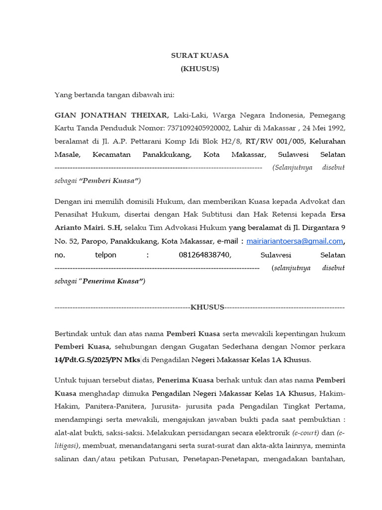 SURAT KUASA KHUSUS Gugatan Sederhana GIAN | PDF