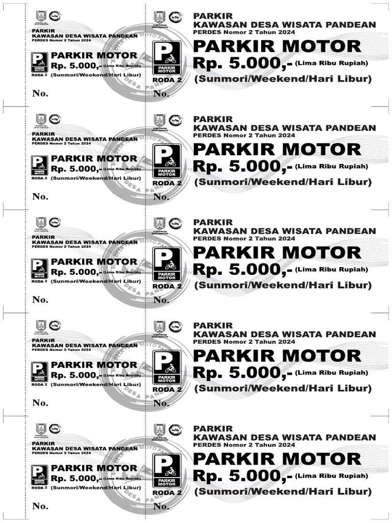 CETAK KARCIS PARKIR RODA 2 WISATA DESA PANDEAN 1 RIM KERTAS HVS 60GR ...
