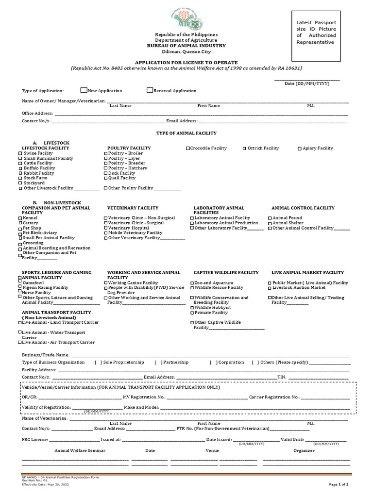 Animal Facility Registration Application | PDF | Veterinary Medicine ...