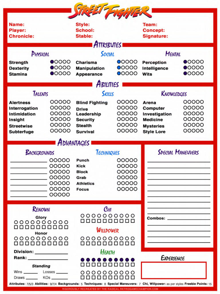 Street Fighter RPG Character Sheet | PDF | Gaming