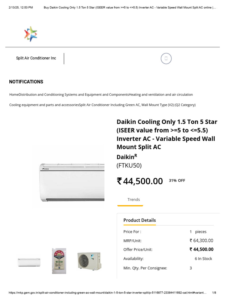 13-02-2025 Daikin Cooling Only 1.5 Ton 5 Star | PDF