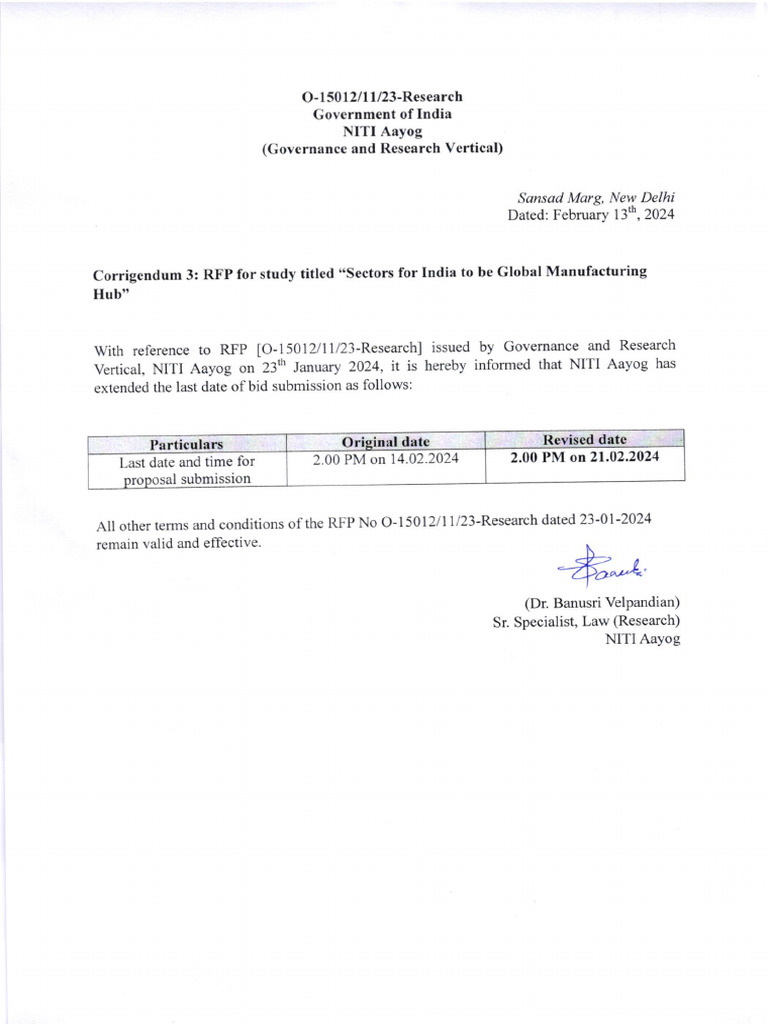 Corrigendum 3 - RFP - Sectors For India To Be Global Manufacturing Hub | PDF