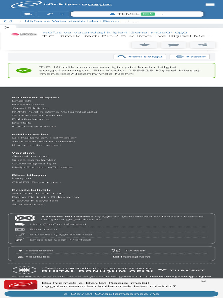 Nüfus Ve Vatandaşlık İşleri Genel Müdürlüğü - T.C. Kimlik Kartı Pin Puk Kodu Ve Kişisel Mesaj ...