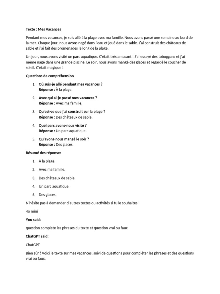 Questions Vrai ou Faux sur Mes Vacances | PDF