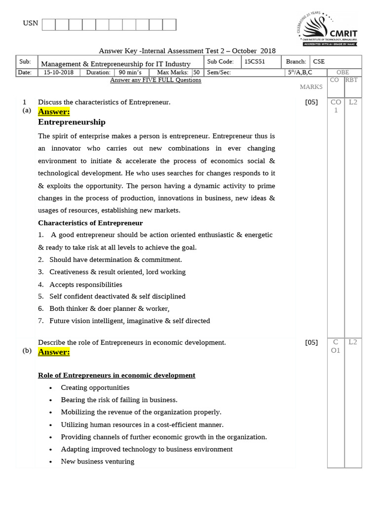 IAT-II Question Paper With Solution of 15CS51 Management - Entrepreneurship For IT Industry Nov ...