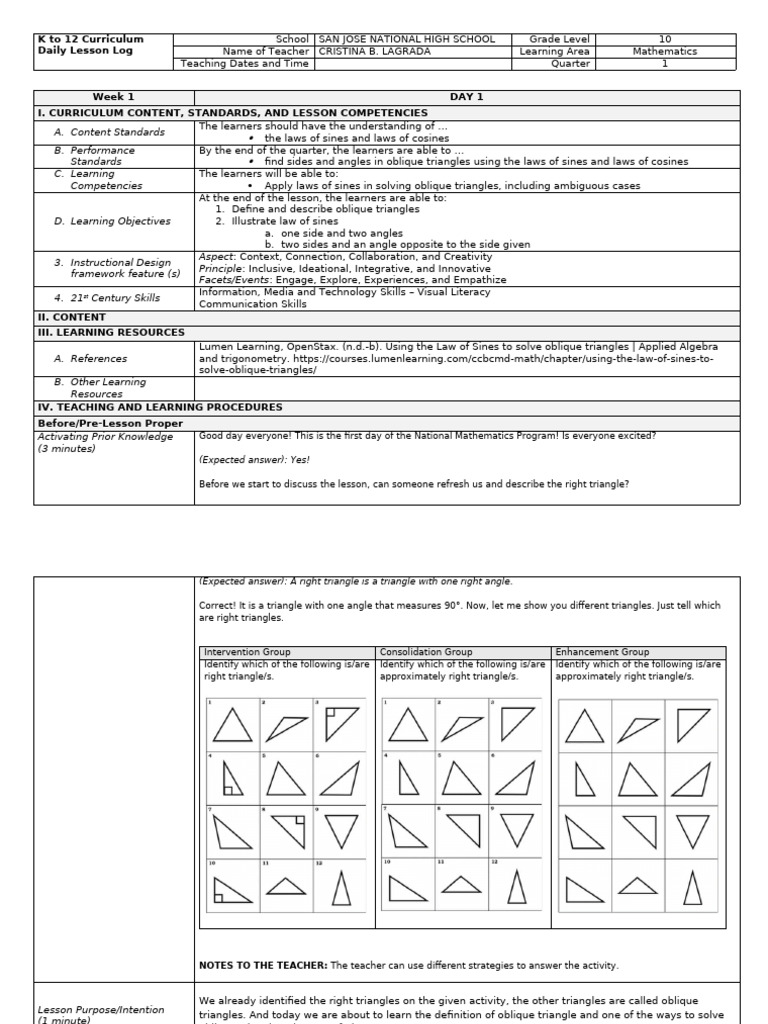 Slac Output - Lesson Exemplar - Grade 10 | PDF | Trigonometric Functions | Triangle