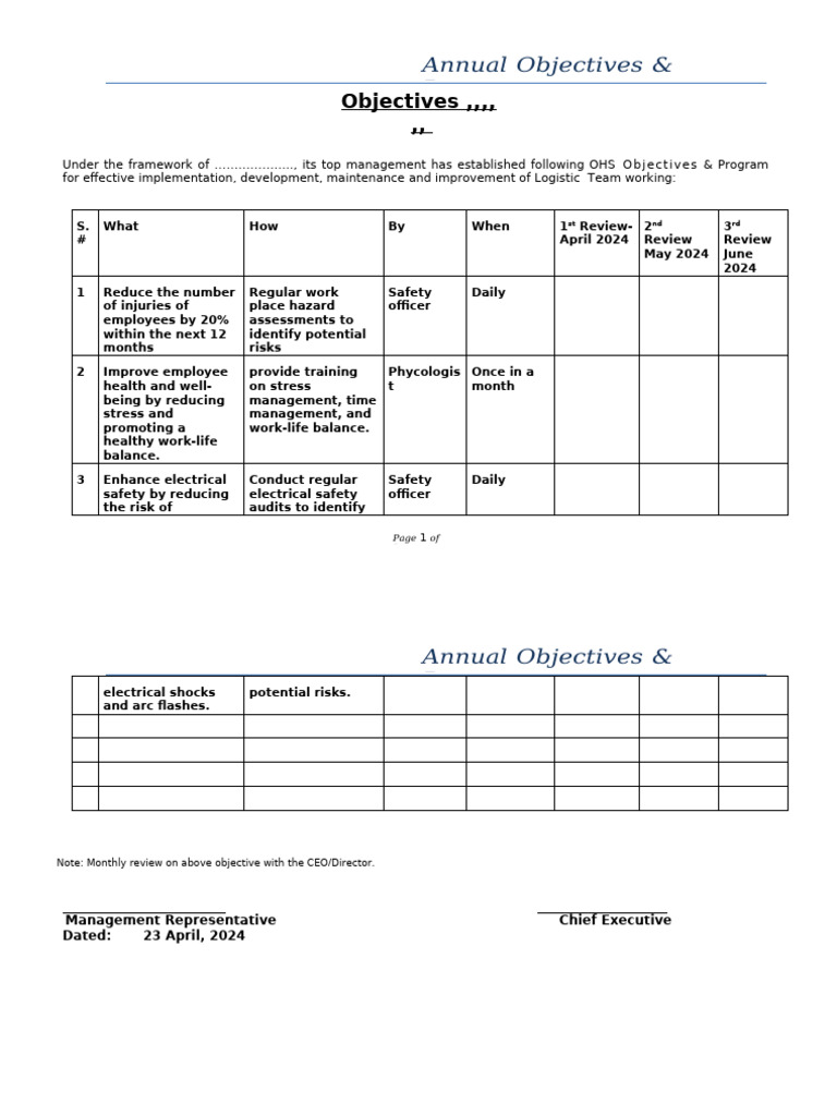 ISP-02-F-03 Annual Objectives and Programs-OHS-Logistics | PDF