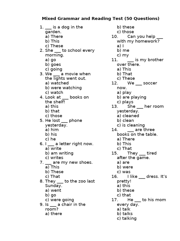 Mixed Grammar and Reading Test PDF | PDF