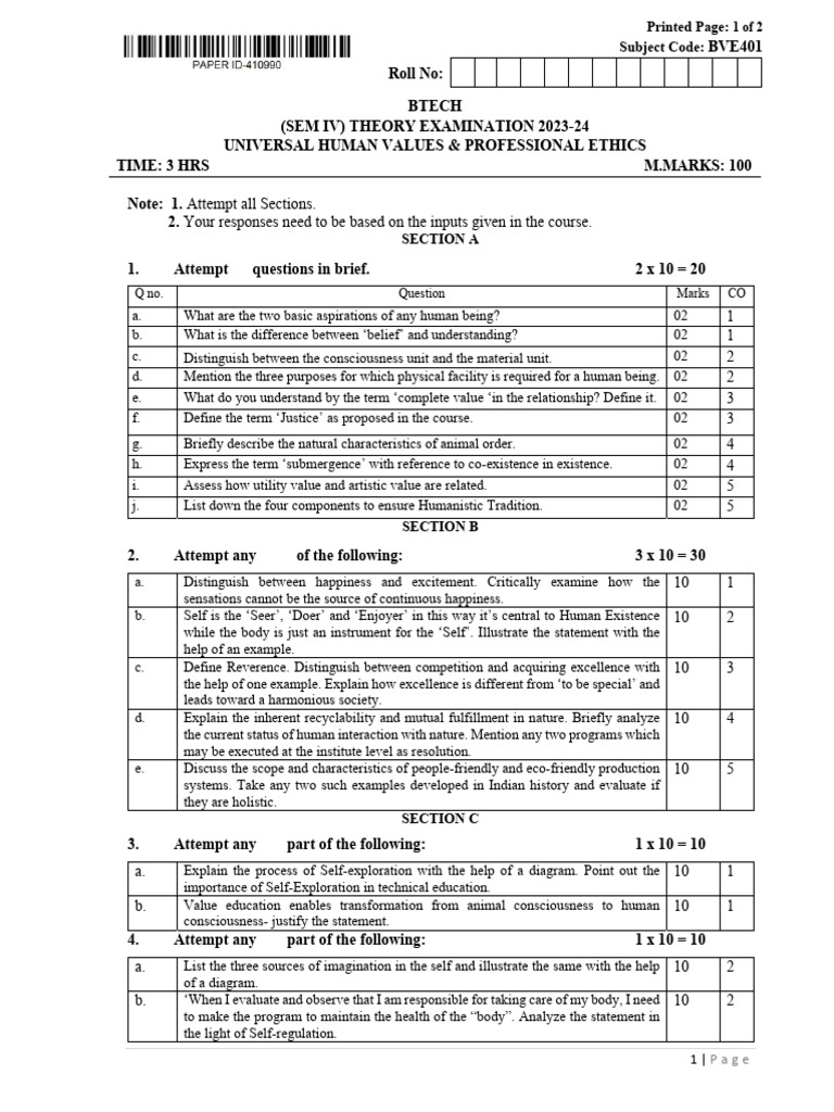BVE401 Universal Human Values Exam 2023-24 | PDF | Consciousness ...
