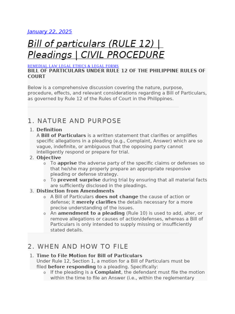 Rule 12 1997 Civil Procedure Bill of Particular | PDF | Pleading | Lawsuit